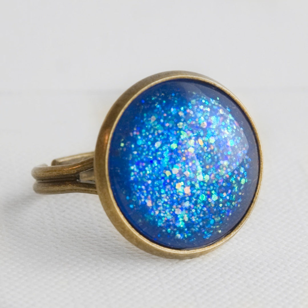 Blue Lagoon Ring in Antique Bronze - Blue Multicolor Glitter Ring - Etsy
