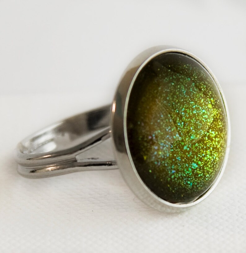 Zombie Ring in Silver Olive Moss Green Glitter Cocktail Ring | Etsy