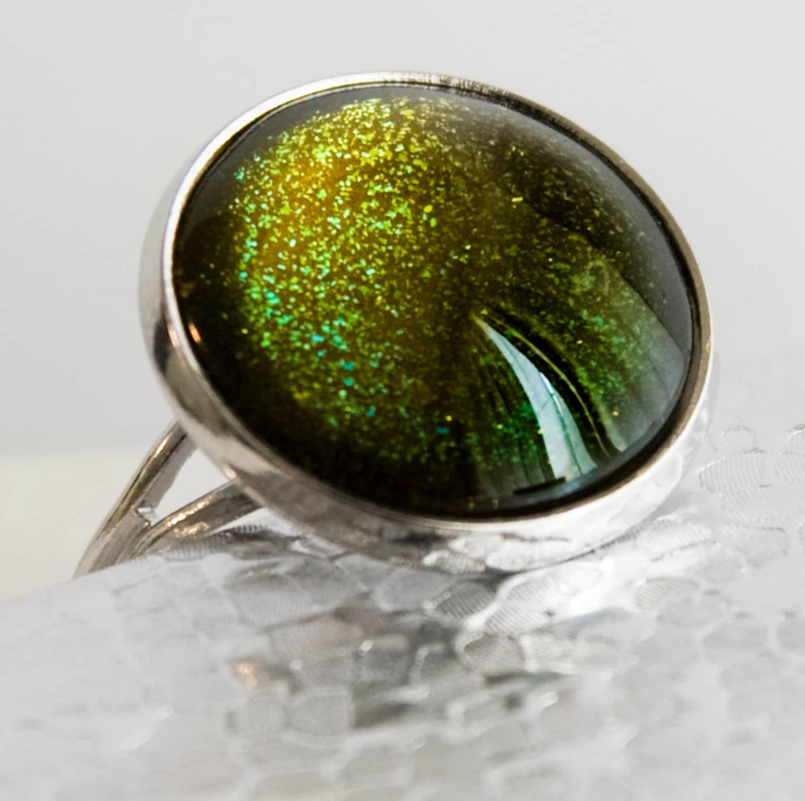 Zombie Ring in Silver Olive Moss Green Glitter Cocktail Ring | Etsy