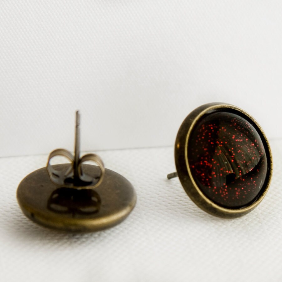 Vampiress Post Earrings in Antique Bronze Ruby Red and Black - Etsy