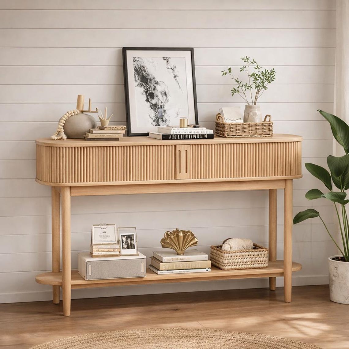 Mid-century Fluted Console Table With Sliding Tambour Doors, Narrow ...