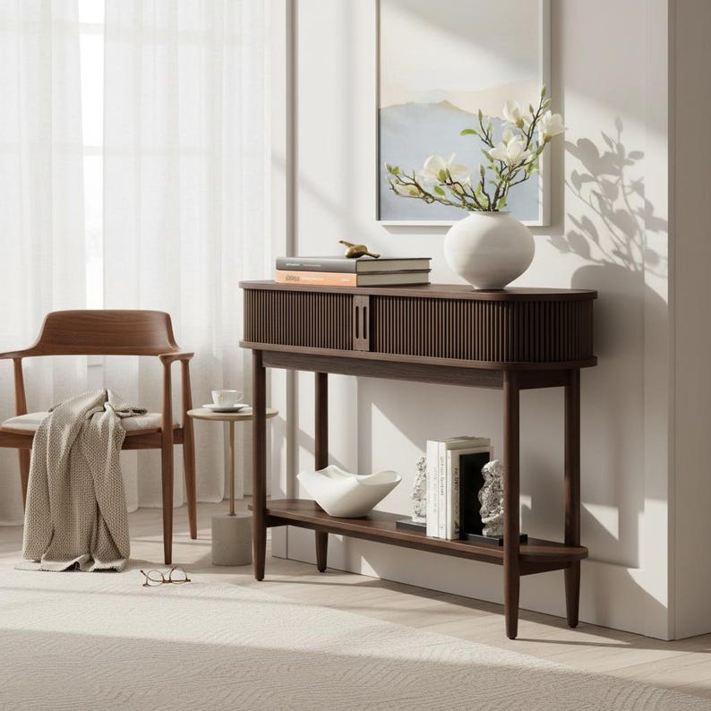 Mid-century Fluted Console Table With Sliding Tambour Doors, Narrow ...