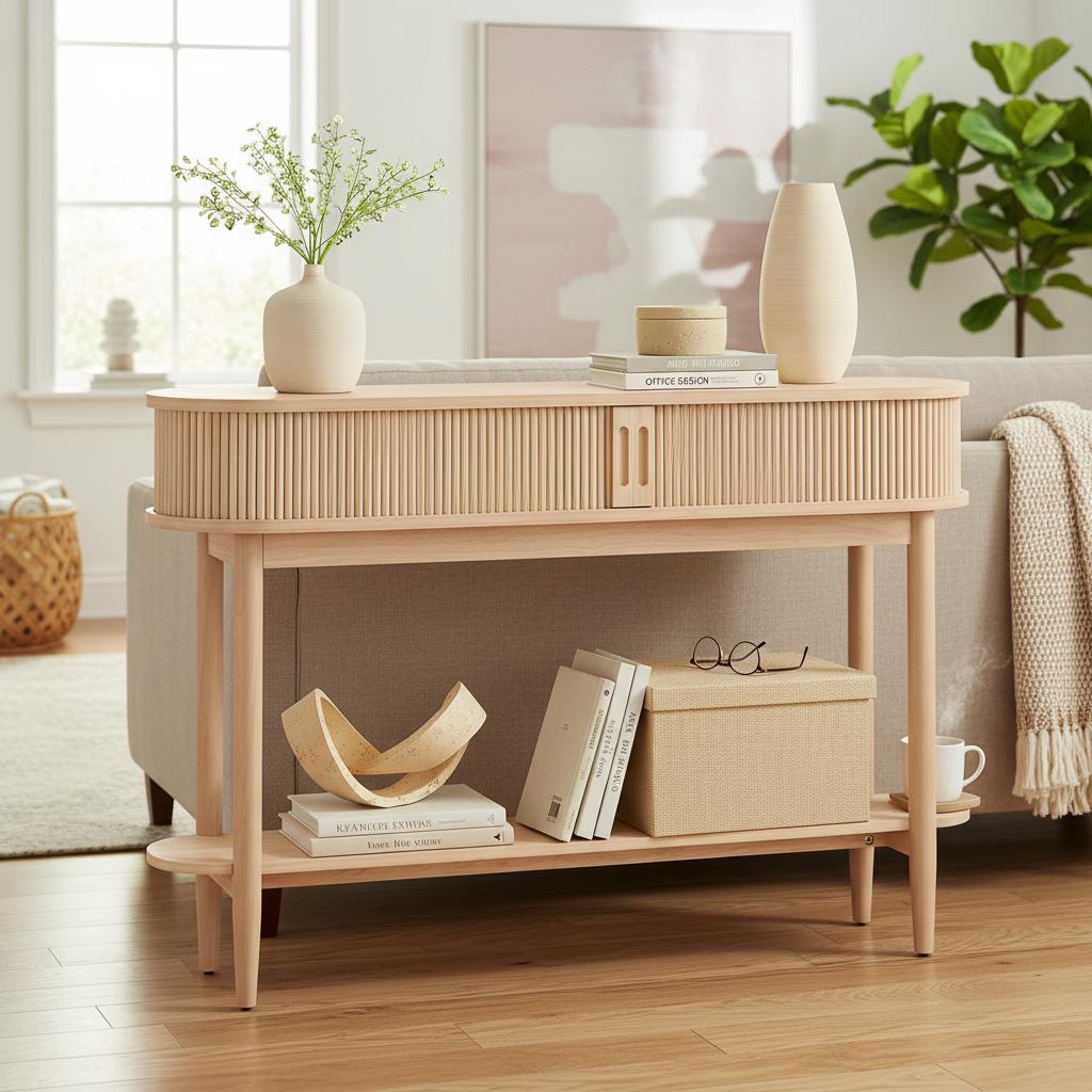 Mid-century Fluted Console Table With Sliding Tambour Doors, Narrow ...