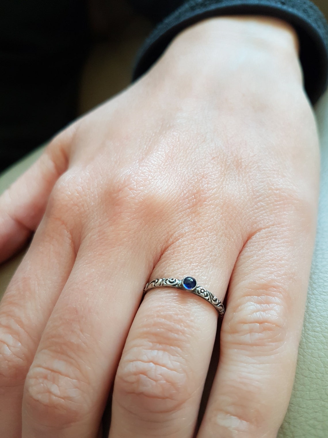 Blue Sapphire Ring Sterling Silver Floral Pattern Band With | Etsy