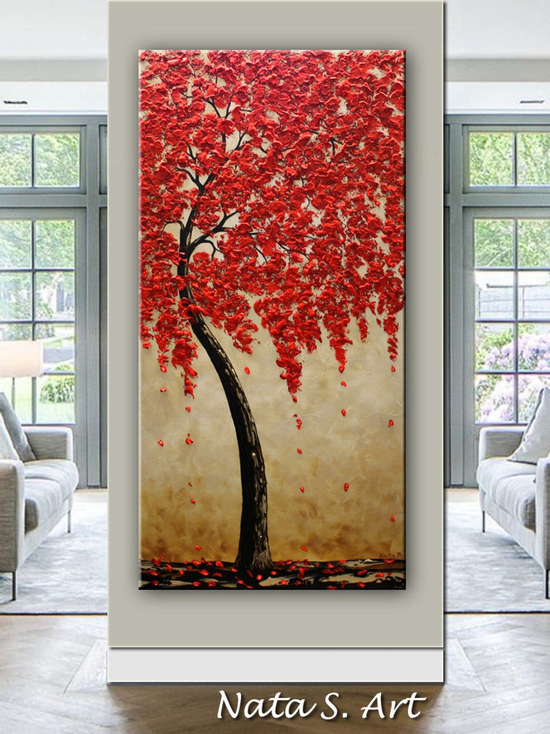 Large Red Tree Painting Vertical Wall Art Acrylic Painting - Etsy