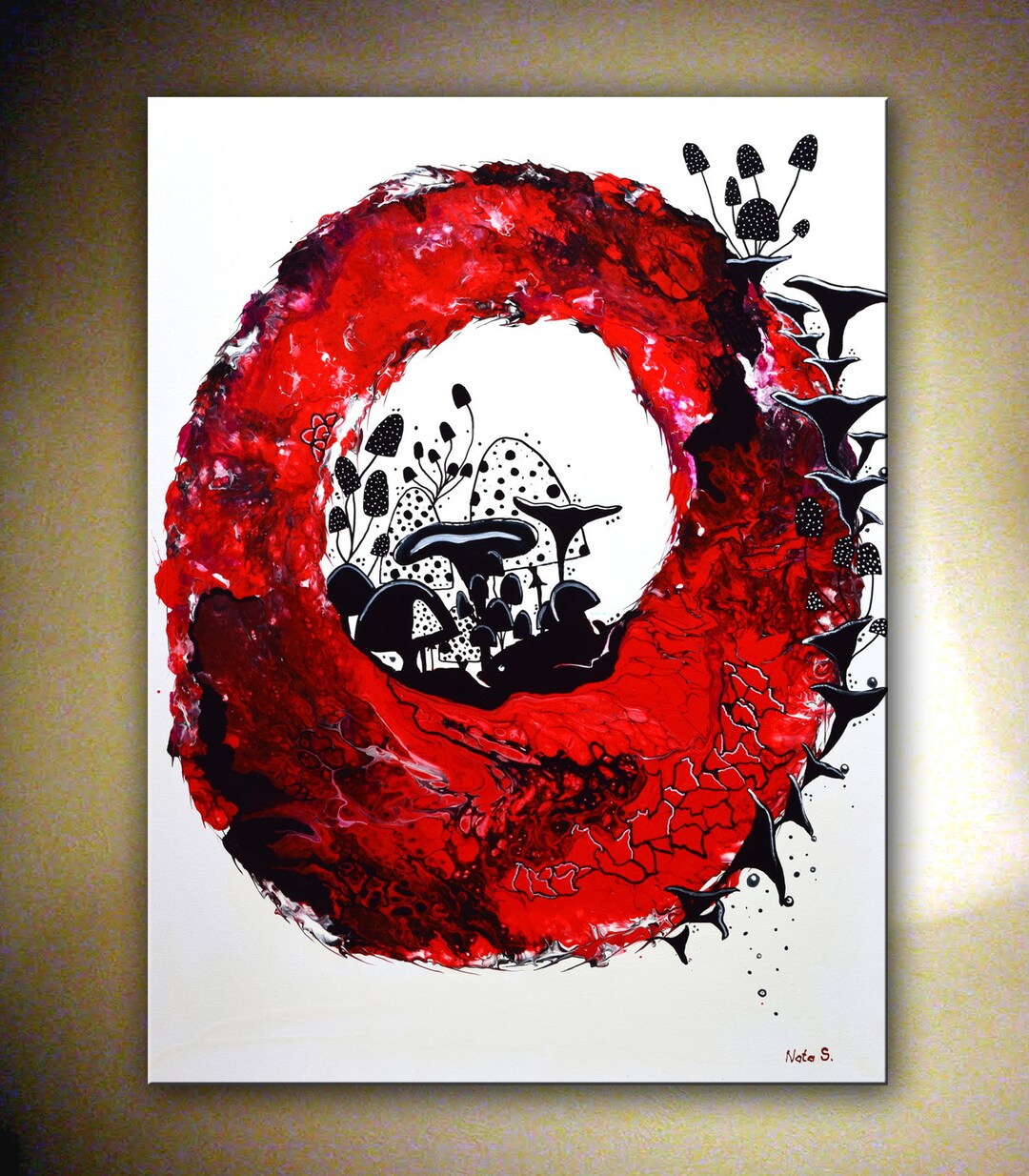 Original Abstract Art, Mushrooms Painting, Red Pour Canvas Art, Ready ...
