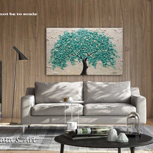 Turquoise Tree Painting Blossom Tree Art Textured Tree | Etsy