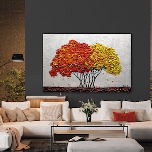 Autumn Trees Painting, Original Textured Landscape, Fall Tree Art ...