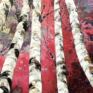 Birch Tree Painting, Red Forest Abstract Art, Landscape Painting ...