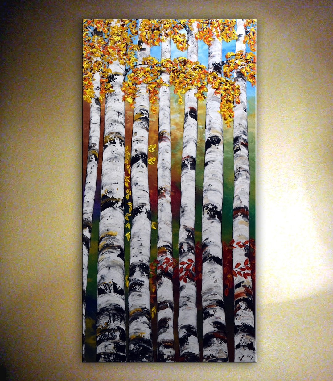 Birch Tree Painting, Large Original Vertical Artwork, Autumn Forest ...