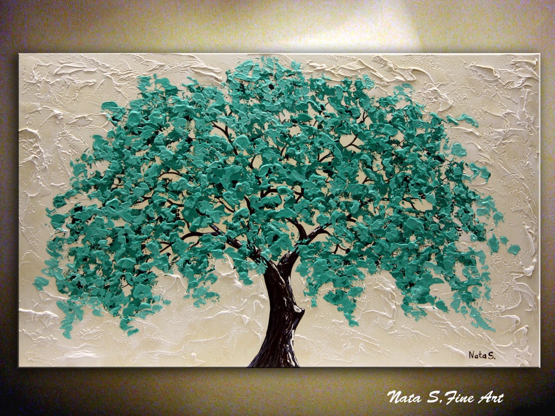 Turquoise Tree Painting, Blossom Tree Art, Textured Tree Painting ...