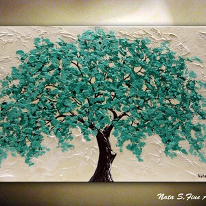 Turquoise Tree Painting Blossom Tree Art Textured Tree | Etsy