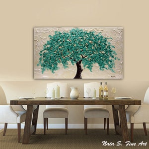 Turquoise Tree Painting Blossom Tree Art Textured Tree | Etsy