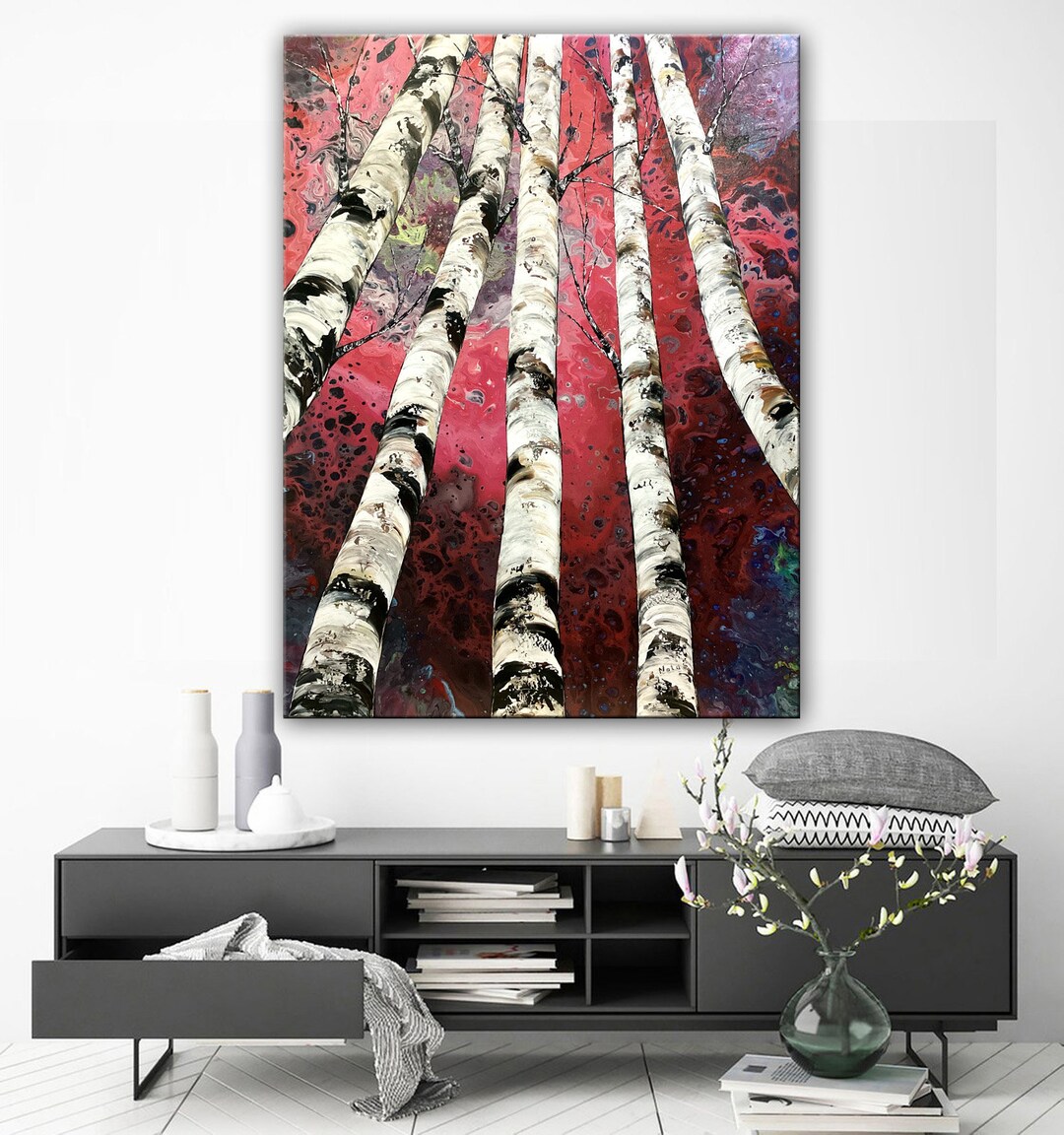 Birch Tree Painting, Red Forest Abstract Art, Landscape Painting ...