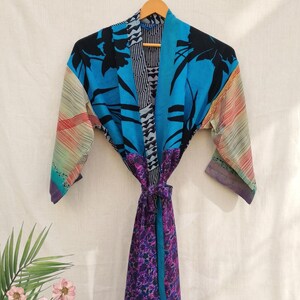 Patchwork Crepe Silk Kimono Dress Mixed Print Ankle Robe Japanese