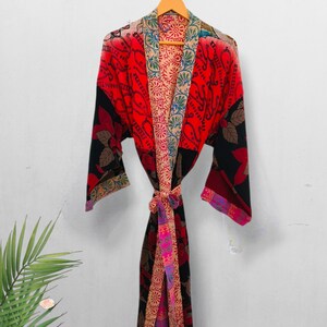 Red Floral Crepe Silk Kimono Robe Indian Patchwork Boho Beach Cover