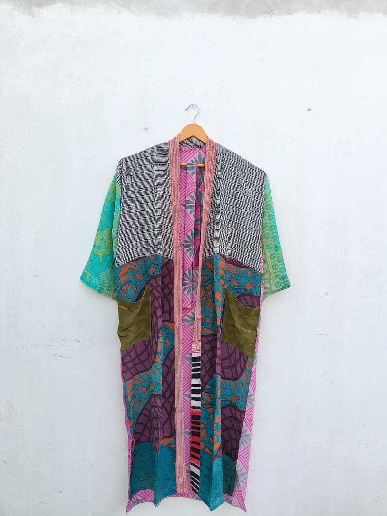 Crepe Silk Kimono Dressing Gown Patchwork Long Robe Boho Style Sari