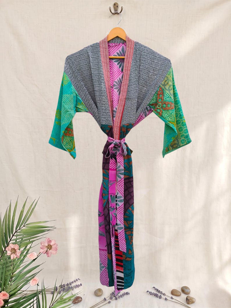 Crepe Silk Kimono Dressing Gown Patchwork Long Robe Boho Style Sari