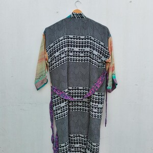 Patchwork Crepe Silk Kimono Dress Mixed Print Ankle Robe Japanese