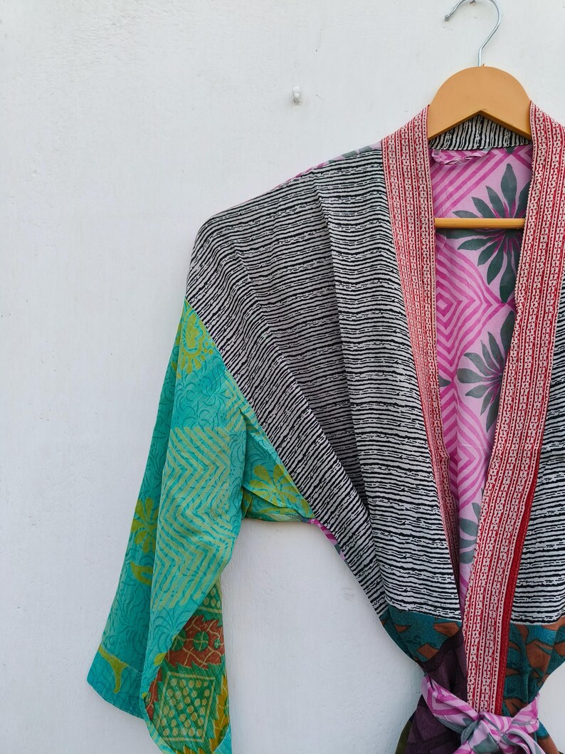 Crepe Silk Kimono Dressing Gown Patchwork Long Robe Boho Style Sari