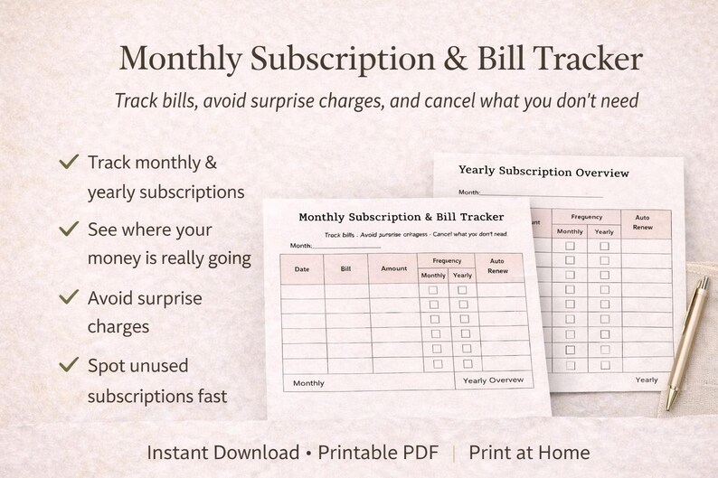 Subscription Tracker Printable | Monthly & Yearly Bill Organizer ...