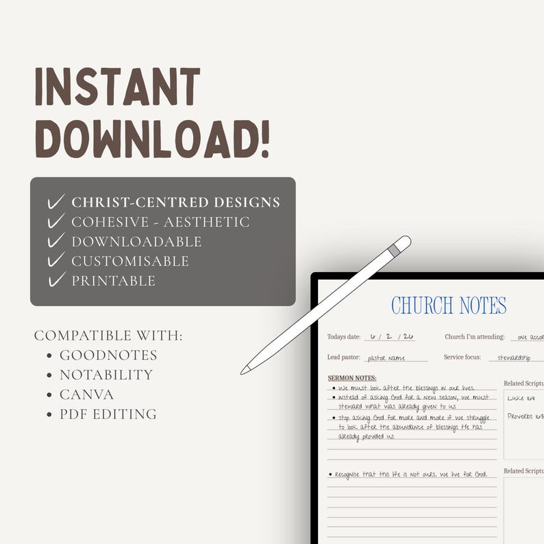 Christian Church Notes Digital Notebook | Guided Sermon & Prayer ...