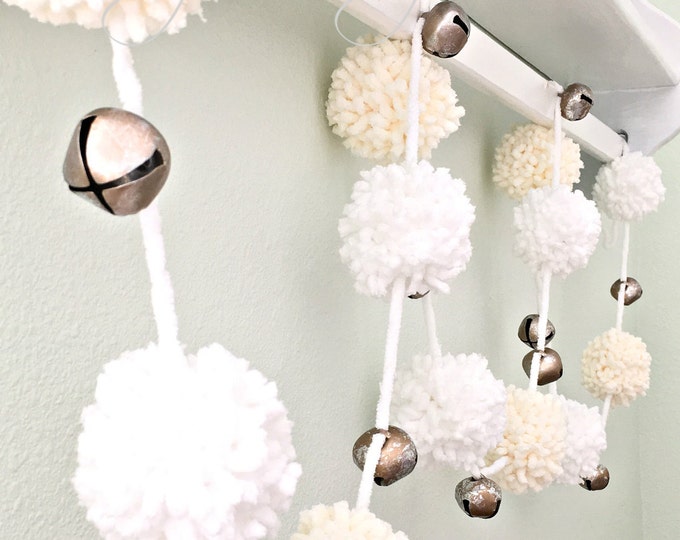 Chunky Pom Pom Garland, White & Creamy Ivory Yarn Pom Poms- Christmas ...