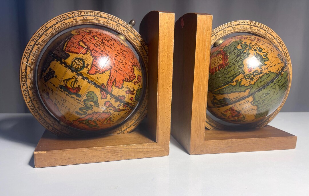 Vintage Globe Bookends Wood Set Made in Italy Retro Home Decor World ...