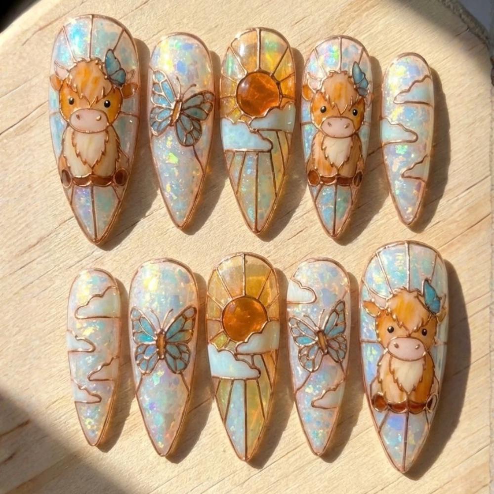Hand Painted Highland Cow Press on Nails, Iridescent Opal Stained Glass ...