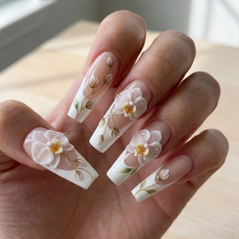 3D Orchid French Tip Press on Nails | White Floral Bridal Nail Art - Etsy