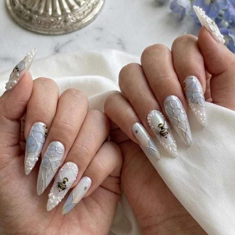 Hand-painted Bumblebee Press on Nails, Silver Cloisonné Floral Art ...