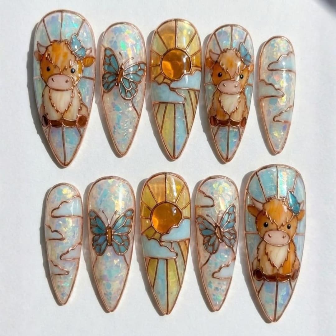 Hand Painted Highland Cow Press on Nails, Iridescent Opal Stained Glass ...