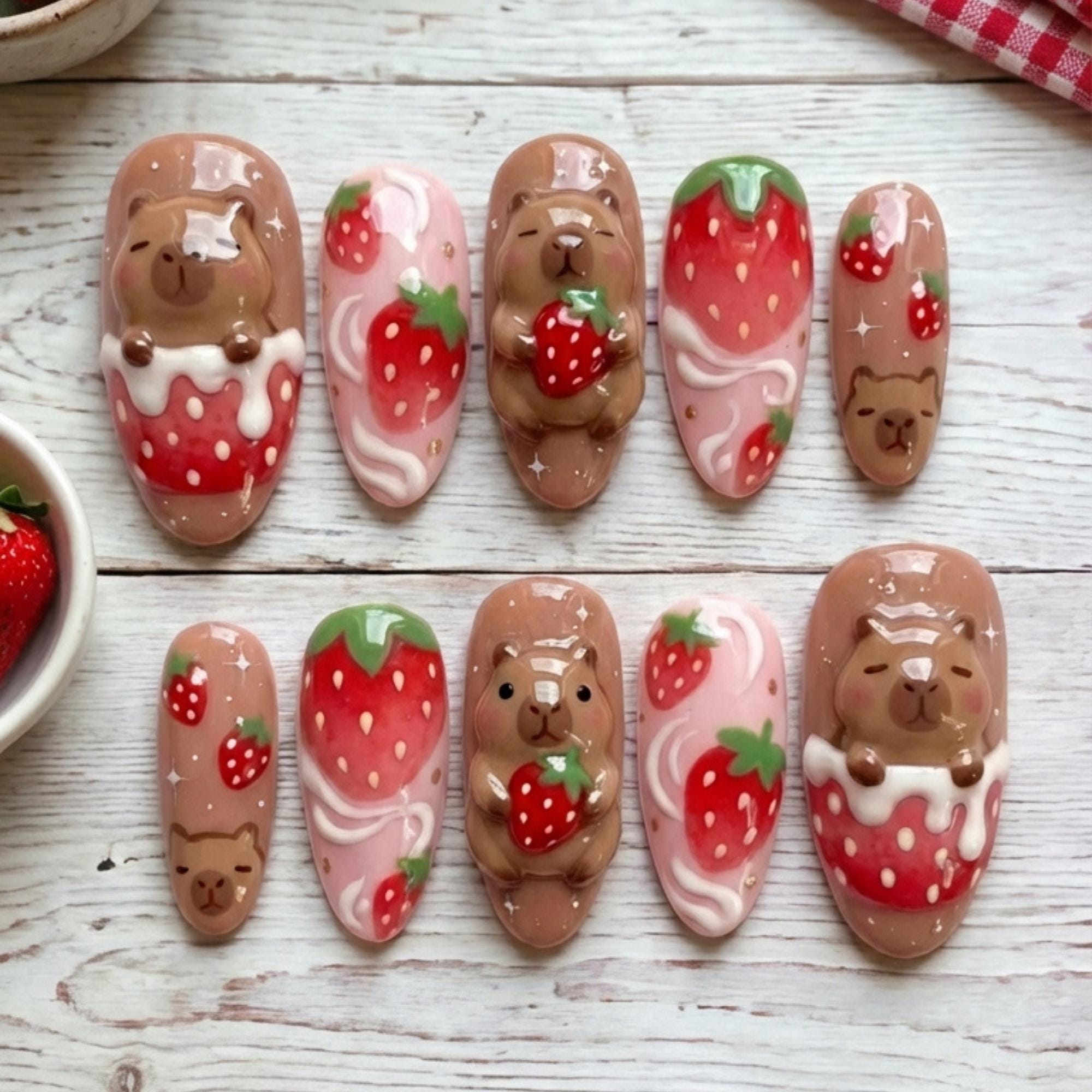 Kawaii 3D Capybara & Strawberry Press on Nails | Brown-pink Gummy Nail ...