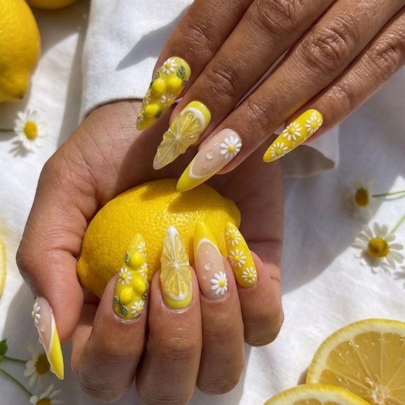 Lemon Slice & Dew Drops 3D Press-on Nails | Fresh Summer Fruit-floral ...
