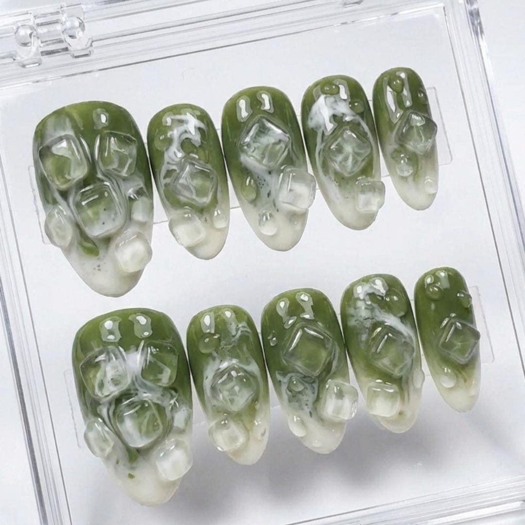 3D Ice Cube Press on Nails, Matcha Green Marble, Reusable Gel Nails - Etsy