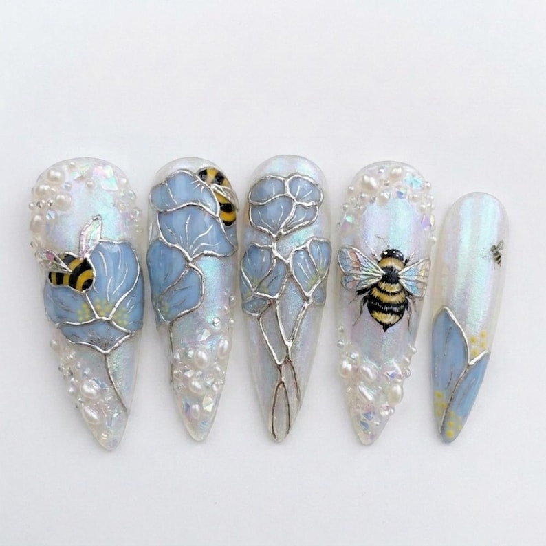 Hand-painted Bumblebee Press on Nails, Silver Cloisonné Floral Art ...