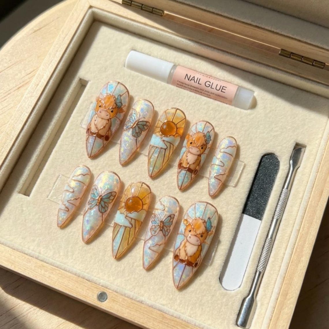 Hand Painted Highland Cow Press on Nails, Iridescent Opal Stained Glass ...