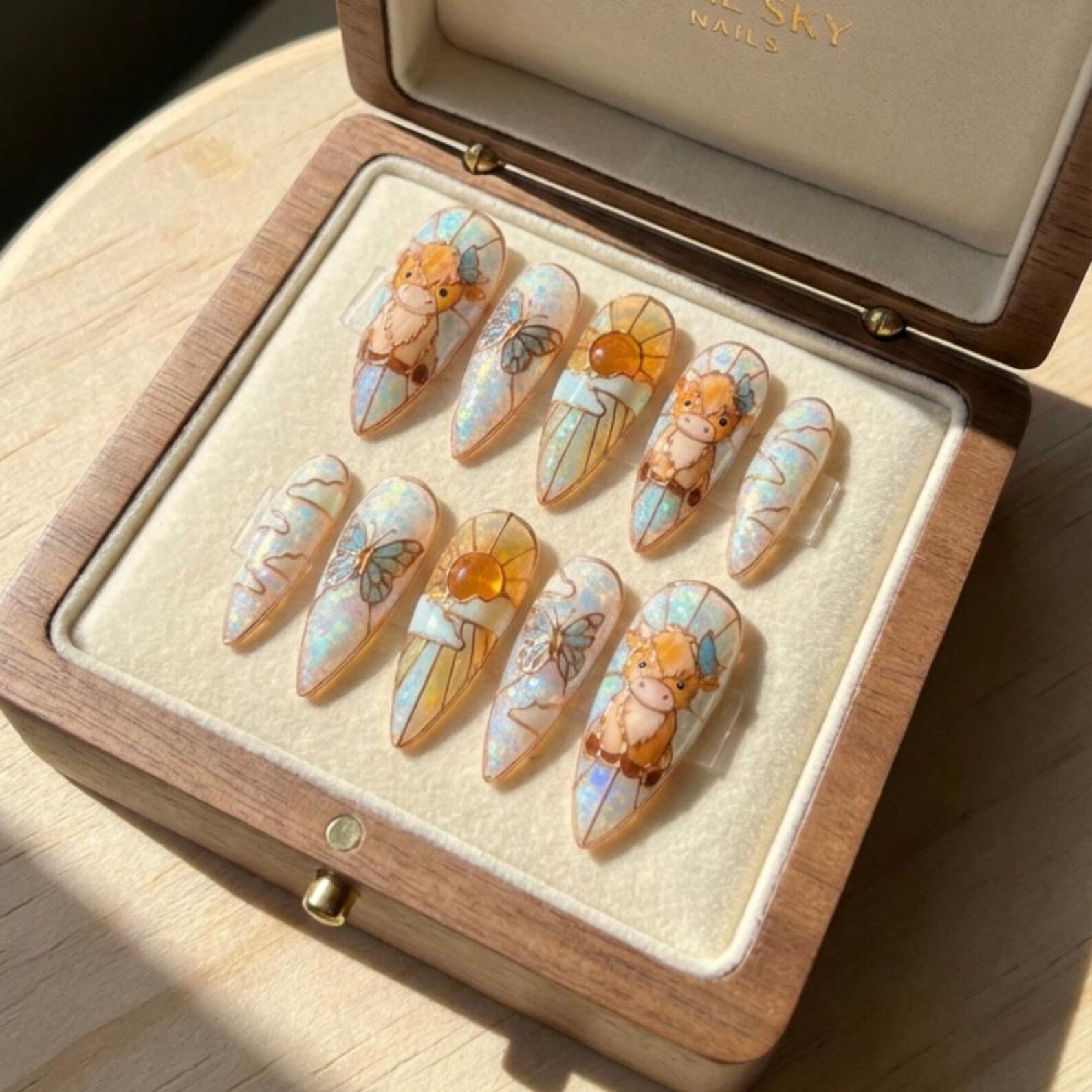 Hand Painted Highland Cow Press on Nails, Iridescent Opal Stained Glass ...