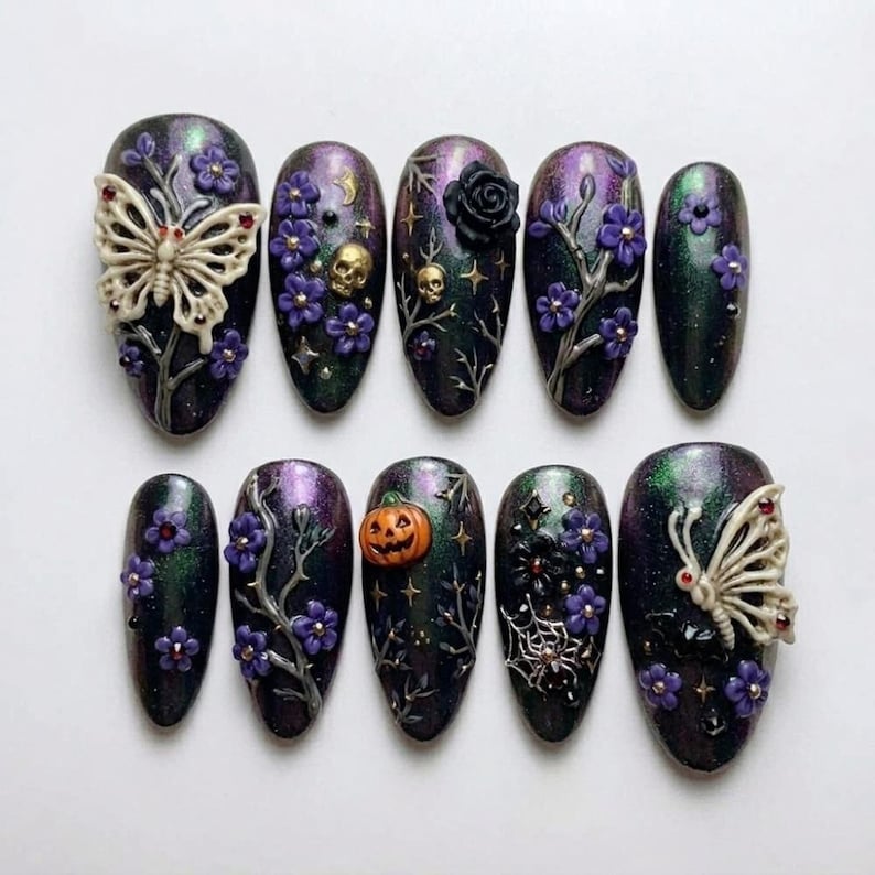 Gothic Mystery 3D Press on Nails | Skeletal Butterfly, Skull, Pumpkin ...