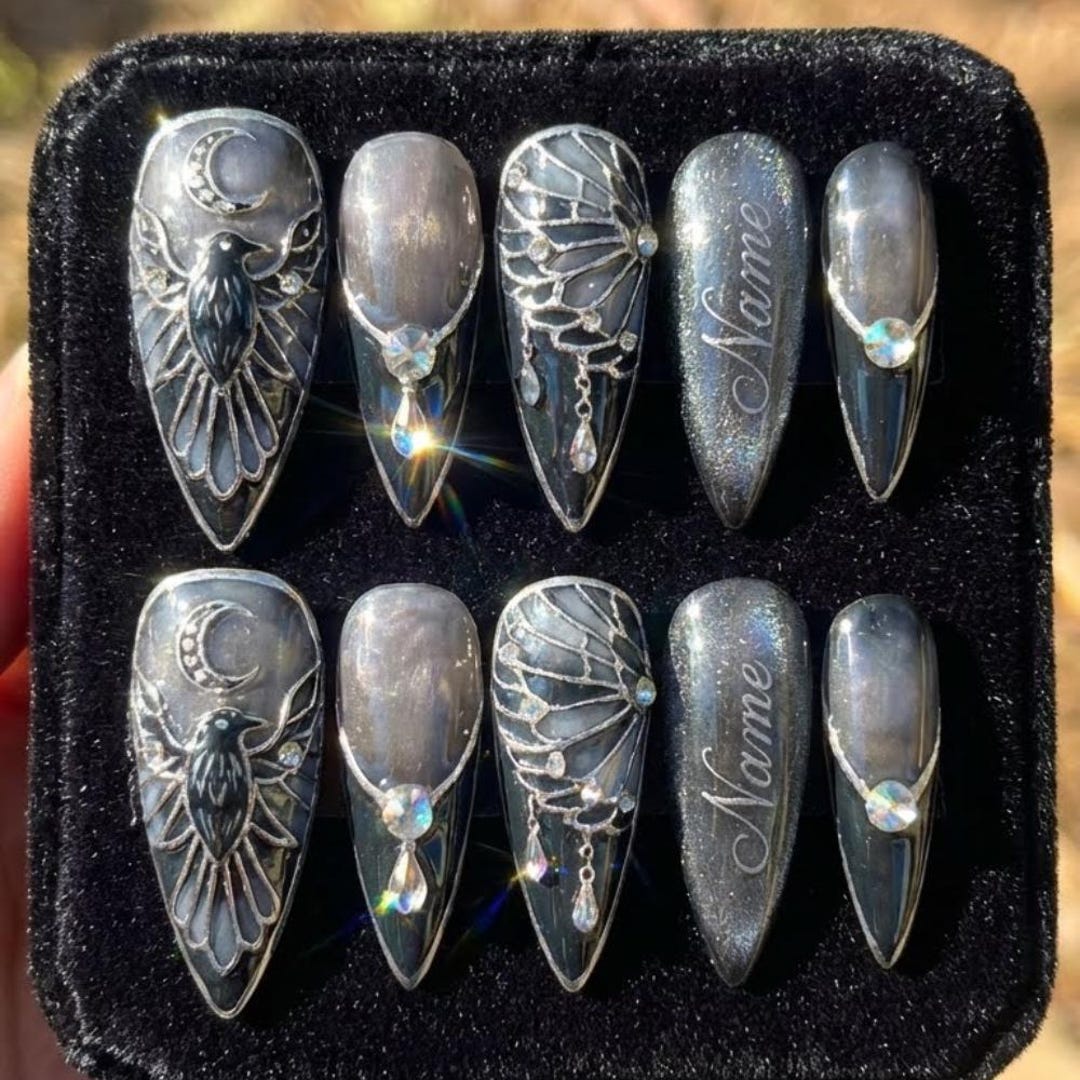 Personalized Gothic Raven Press on Nails, Smoky Grey Silver 3D Jewel ...