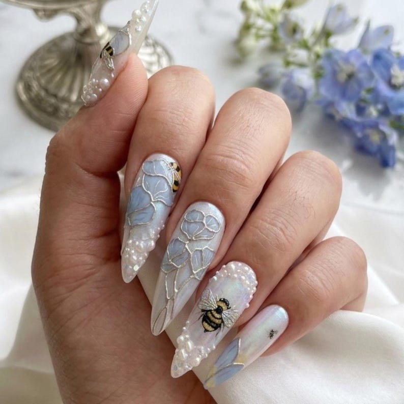 Hand-painted Bumblebee Press on Nails, Silver Cloisonné Floral Art ...
