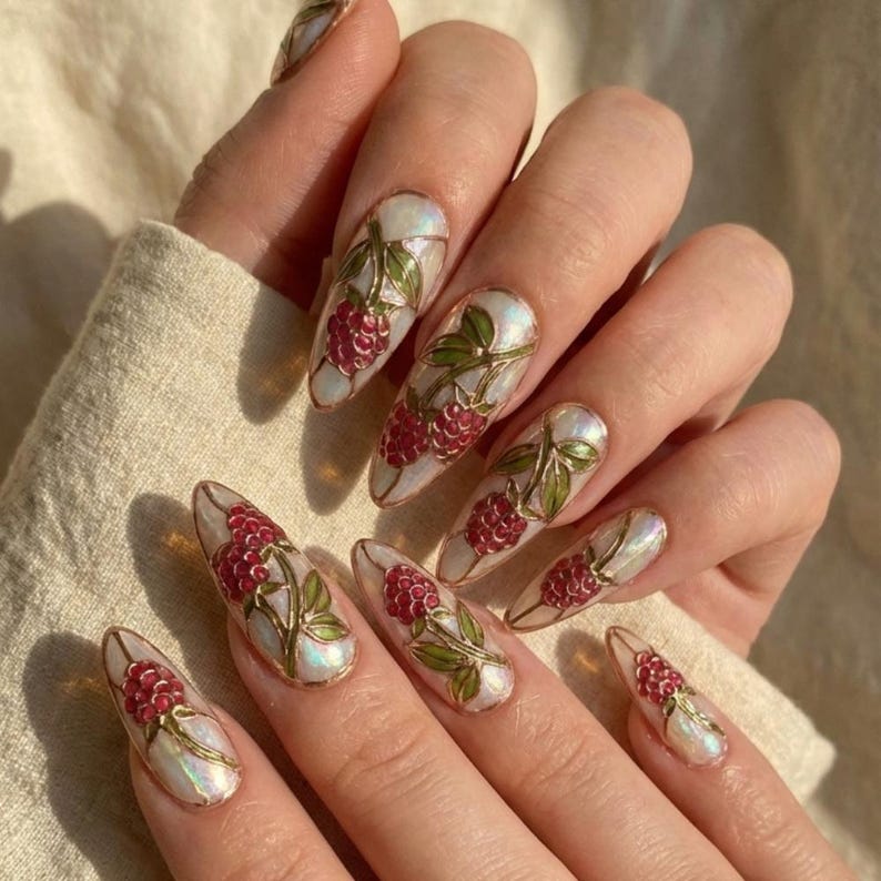 Hand-painted Raspberry Stained Glass Press on Nails, Mother of Pearl ...