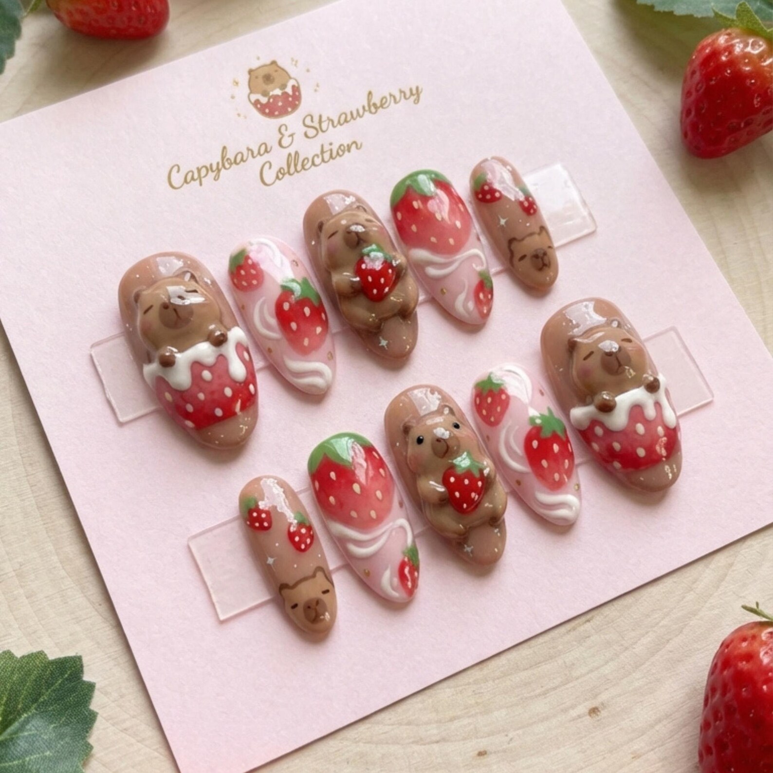 Kawaii 3D Capybara & Strawberry Press on Nails | Brown-pink Gummy Nail ...
