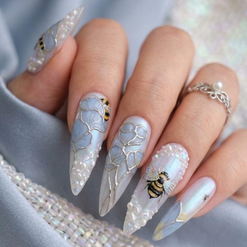 Hand-painted Bumblebee Press on Nails, Silver Cloisonné Floral Art ...