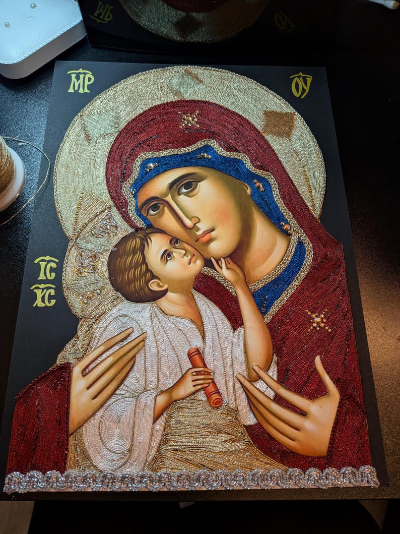 Virgin Mary With Child Icon - Handmade Thread Filigree Srma - Orthodox ...