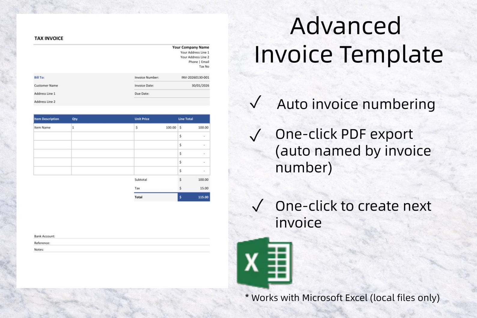 Advanced Excel Invoice Template | Automatic Invoice Numbering & One ...