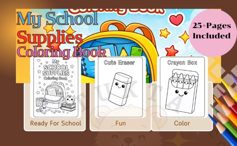 School Supplies Coloring Book, Preschool Learning Activity ...
