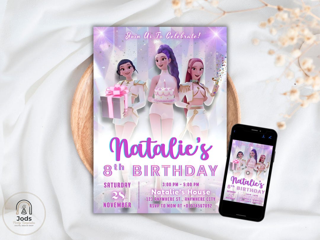 K-pop Demon Hunter Birthday Invitation, Purple White Idol Theme ...