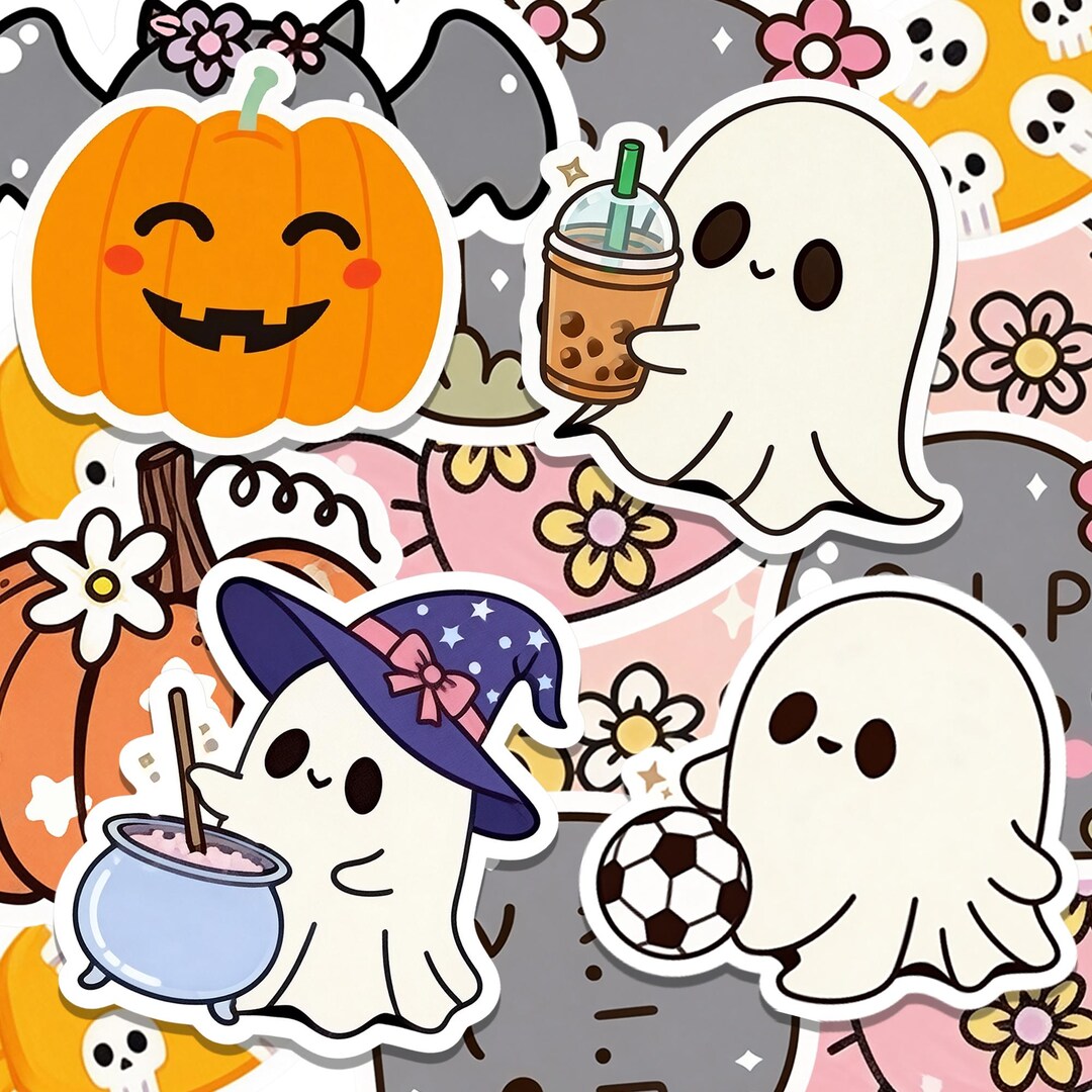 50 Cute Ghost Stickers, Cartoon Boo Doodle Decals, Waterproof Vinyl for ...