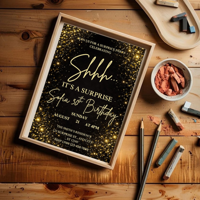 Editable Surprise Birthday Invitation, Black and Gold Glitter Birthday ...
